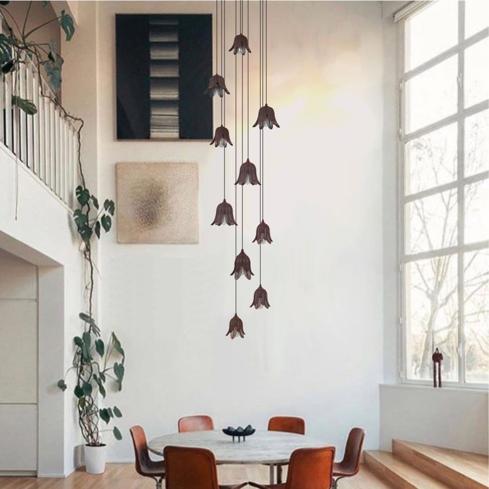 Lustre Pendente Para Sala Pé direito Alto Duplo Flora Marrom - Otago ...