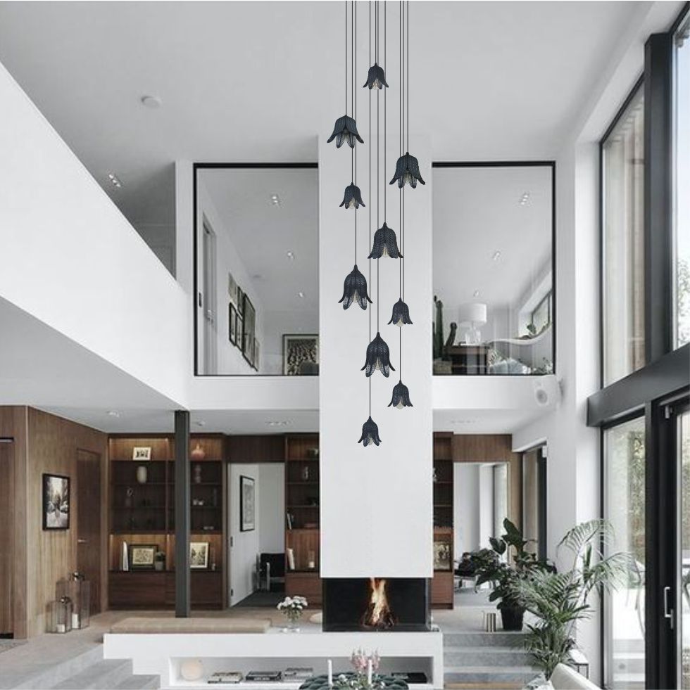 Lustre Pendente Para Sala Pé direito Alto Duplo Flora Preto - Otago ...